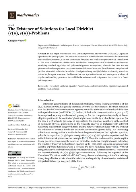 Pdf The Existence Of Solutions For Local Dirichlet R U S U Problems