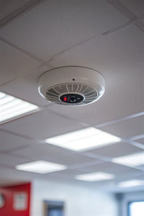 Office Fire Safety Ceiling Mounted Smoke Detector Textured Tile Bright Natural Lighting