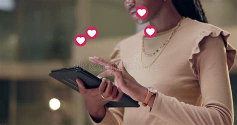 Tablet Hands And Woman With Emojis On Social Media For Follow Like Or