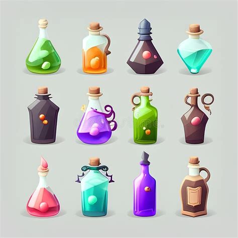 Set Of Different Colored Glass Bottles With Potion Vector Cartoon