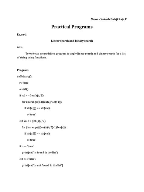 menu driven programs for linear search binary search and other sorting
