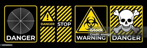 미래 지향적인 Hud 경고 프레임 개념은 위험 구역 경고 및 주의 기호를 특징으로 합니다 인쇄 및 디지털 인터페이스에 적합한 고품질 벡터 일러스트레이션 빨간색 테두리 주의