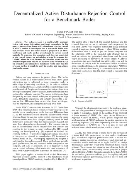 Pdf Decentralized Active Disturbance Rejection Control For A Benchmark Boiler