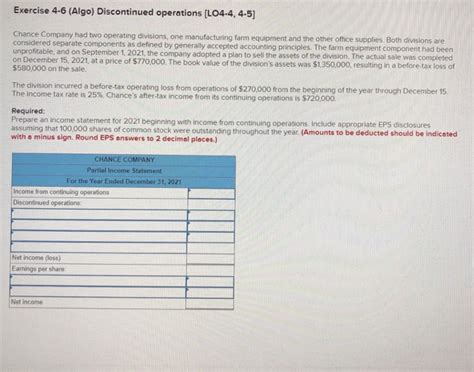 Solved Exercise 4-6 (Algo) Discontinued operations (L04-4, | Chegg.com
