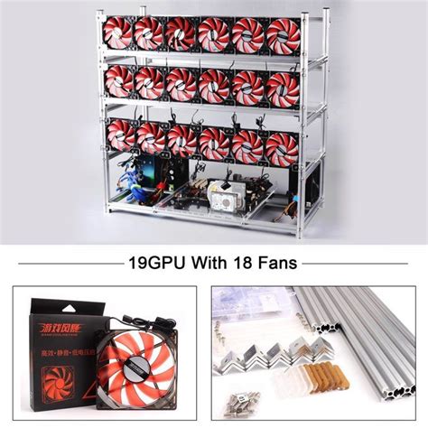 19 GPU Mining Case Rig With 18 Red Fans Aluminum Stackable Frame Cryptocurrency Open Air Miner