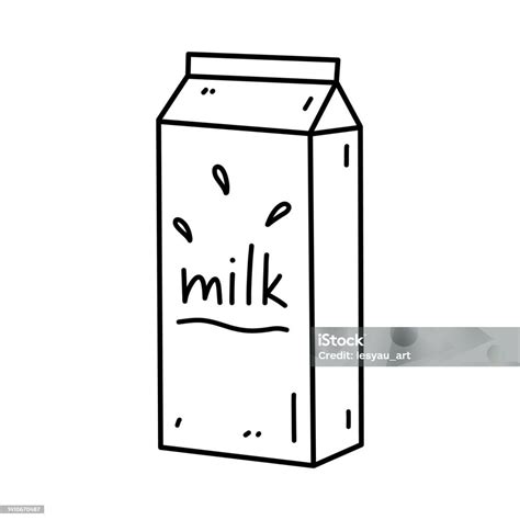흰색 배경에 고립 된 우유가있는 판지 패키지 천연 유제품 낙서 스타일의 벡터 손으로 그린 일러스트레이션 장식 로고 메뉴 조리법 다양한 디자인에 적합합니다 드로잉에 대한 스톡