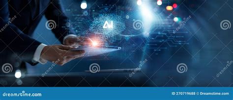 Ai Technology Businessman Touch Brain Working Data And Algorithm Of