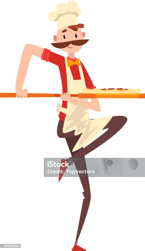 요리사가 난로 삽에 피자를 들고 피자 메이커 캐릭터 준비의 단계 이탈리아어 피자 벡터 일러스트 남자에 대한 스톡 벡터 아트 및 기타 이미지 Istock