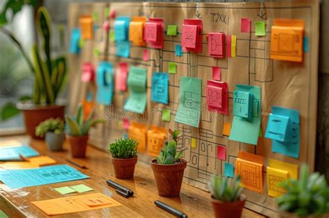 Colorful Sticky Notes Workflow Planning On Wooden Desk Stock Illustration Illustration Of Home