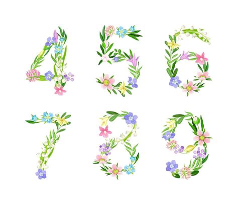Floral Numbers Set Numerals Made Of Delicate Flowers And Green Leaves