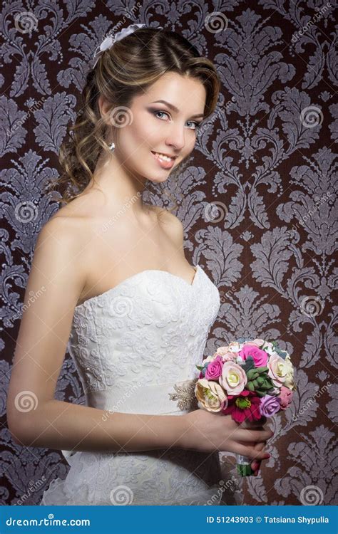 Gentle Portrait Of Happy Smiling Beautiful Girls In White Wedding Dress