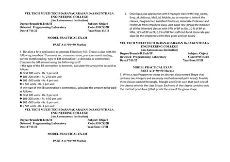 Model Practical Exam Question Bank Vel Tech Multi Tech Dr Dr Engineering College An