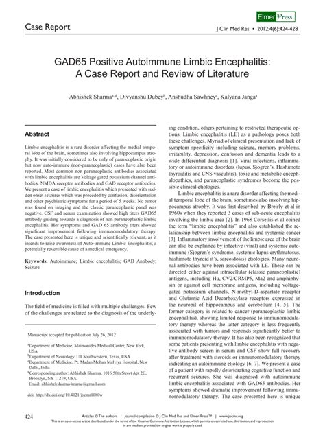 Pdf Gad65 Positive Autoimmune Limbic Encephalitis A Case Report And