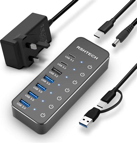 RSHTECH Powered USB Hub 3 1 3 2 Gen2 7 Port USB C Hub With 10Gbps USB A 2 USB C Data Ports 4
