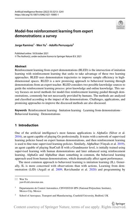 Model Free Reinforcement Learning From Expert Demonstrations A Survey Request Pdf