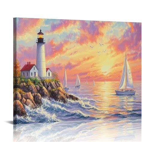 Palnkart Large Lighthouse Wall Art Coastal Sailboat Pictures Wall Decor