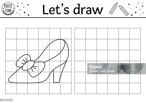공주 신발 사진을 완료합니다 벡터 동화 그리기 연습 워크 시트 유치원 아이들을위한 인쇄 가능한 흑백 활동 그림 마법 왕국 테마