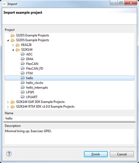 howto create s32ds project from example hello world for s32k144 w o