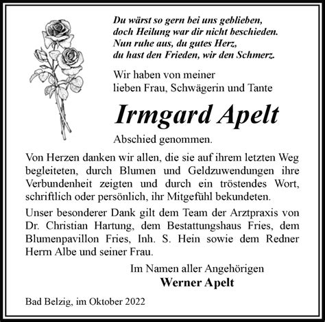 Traueranzeigen Von Irmgard Apelt Märkische Onlinezeitung Trauerportal