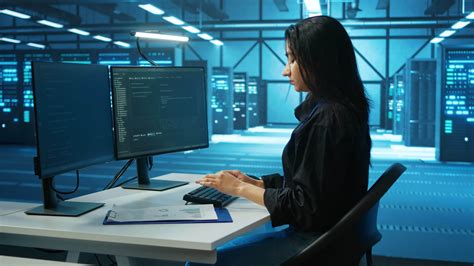 System Administrator At Pc Desk Working In Computer Network Security Data Center Ensuring