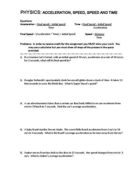 Physics Acceleration Final Speed And Time Practice Problems Studocu