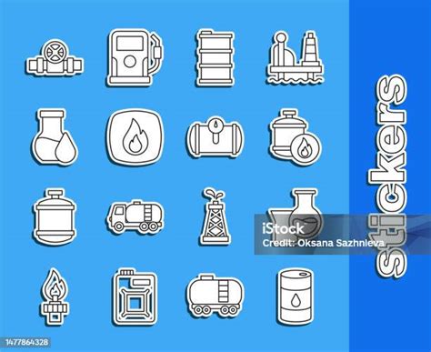 세트 라인 배럴 오일 오일 휘발유 시험관 프로판 가스 탱크 화재 불꽃 금속 파이프 및 밸브 및 차량 아이콘용 가스 벡터 가솔린에 대한 스톡 벡터 아트 및 기타 이미지