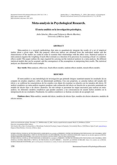 Pdf Meta Analysis In Psychological Research