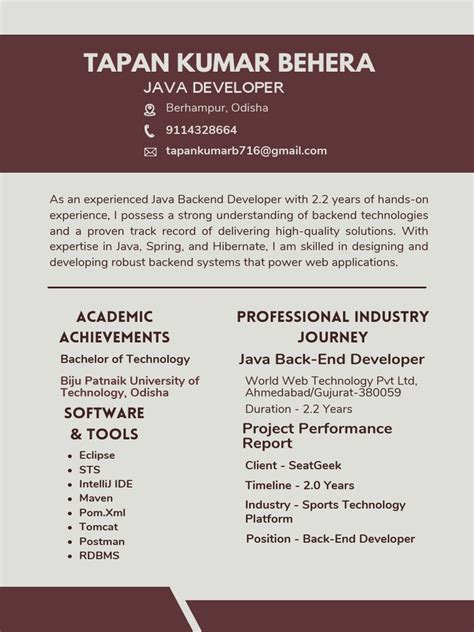 Tapan Kumar Experienced Format Pdf Spring Framework Java Programming Language