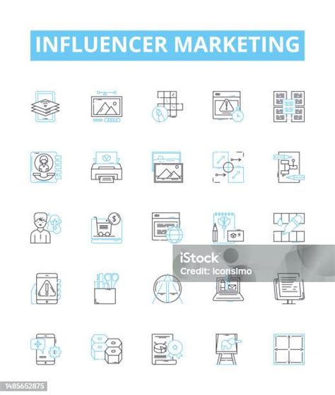 인플루언서 마케팅 벡터 라인 아이콘이 설정되었습니다 인플루언서 마케팅 소셜 콘텐츠 참여 전략 도달 범위 일러스트레이션 개요 개념