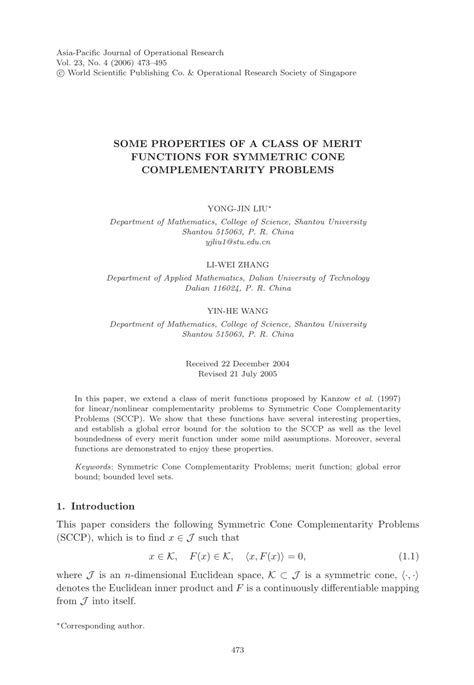 Pdf Some Properties Of A Class Of Merit Functions For Symmetric Cone Complementarity Problems