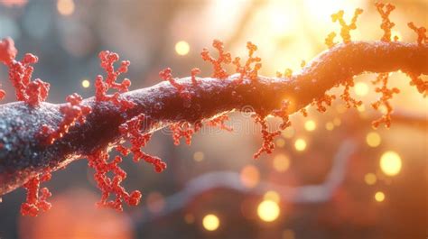 Microscopic Red Branch Structure With Glowing Orange Background Stock