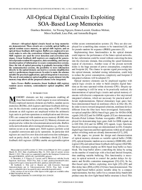 Pdf All Optical Digital Circuits Exploiting Soa Based Loop Memories