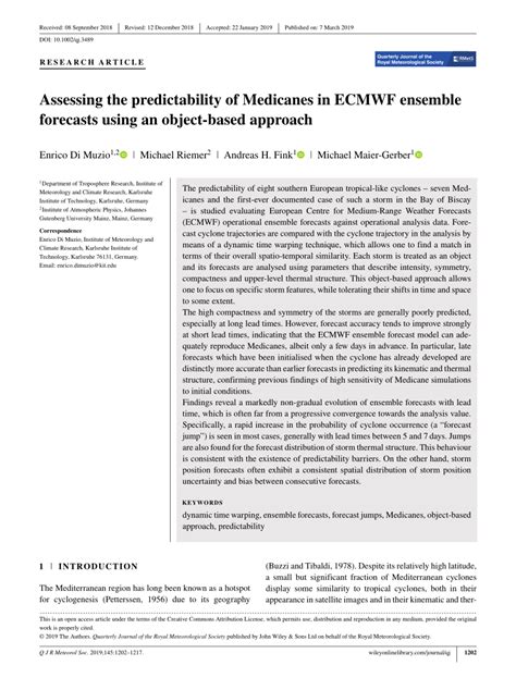 Pdf Assessing The Predictability Of Medicanes In Ecmwf Ensemble Forecasts Using An Object