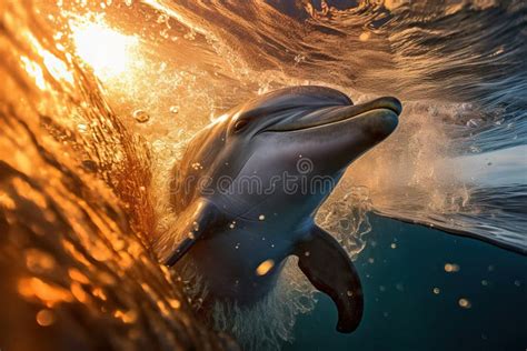 Dolphin Underwater Enjoying Riding A Wave Illuminated By A Beautiful Sunset Amazing Wildlife