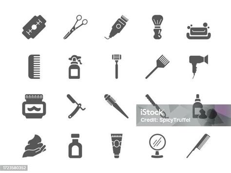이발소 면도 액세서리 이발사 실루엣 아이콘입니다 힙 스터 유행 브러쉬 면도기 또는 면도날 머리 자르기 도구 콧수염 스타일링 크림 면도기용 폼 미용실 벡터 심볼 집합 가위에