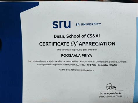 Academicexcellence Computerscience Ai Sruniversity Gratitude Priya Poosaala