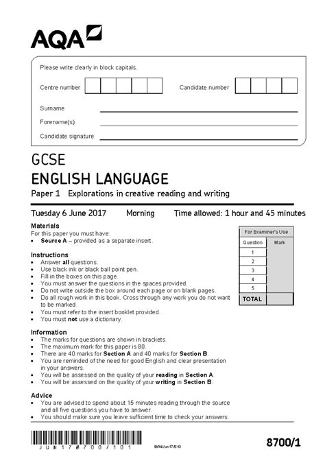 AQA GCSE English Language June 2017 Paper 1 - Jun178700/101 IB/M/Jun17/E 10 8700/ For Examiner’s ...