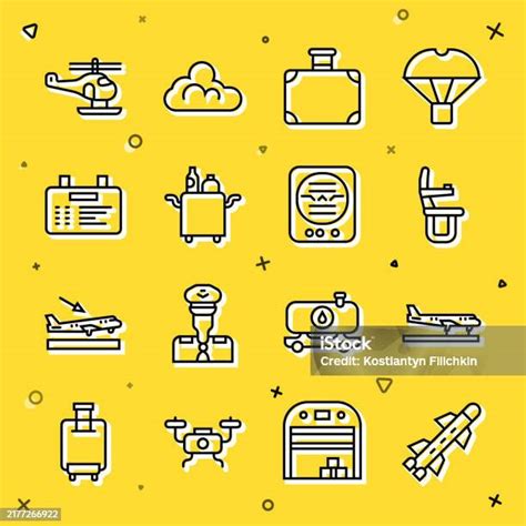 로켓 비행기 비행기 좌석 여행 가방 음식 트롤리 공항 보드 헬리콥터 및 태도 표시기 아이콘을 설정합니다 벡터 0명에 대한 스톡 벡터 아트 및 기타 이미지 Istock