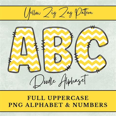 Yellow Zig Zag Doodle Alphabet Yellow And White PNG Alphabet PNG Doodle Letters Sublimation