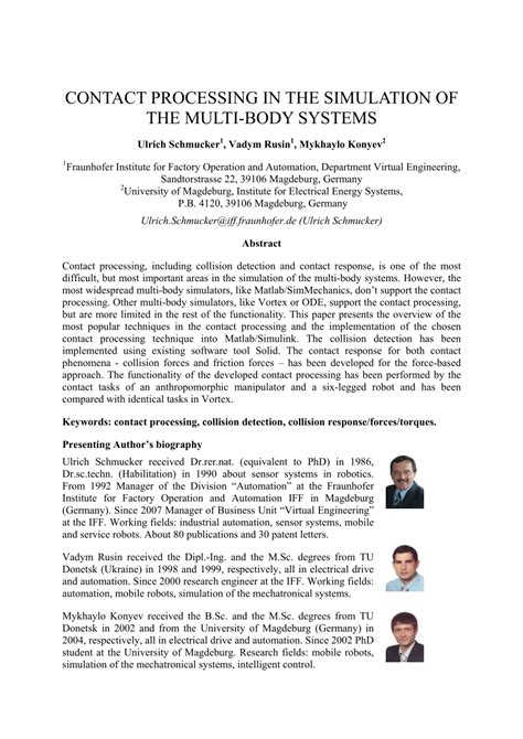Pdf Contact Processing In The Simulation Of The Multi Body Systems