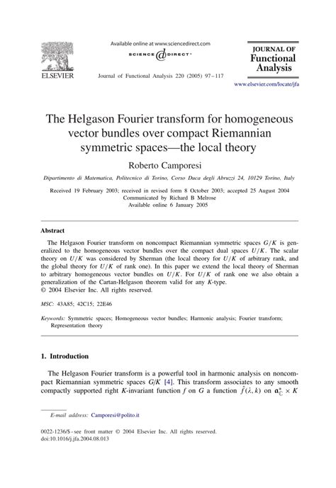 Pdf The Helgason Fourier Transform For Homogeneous Vector Bundles Over Compact Riemannian