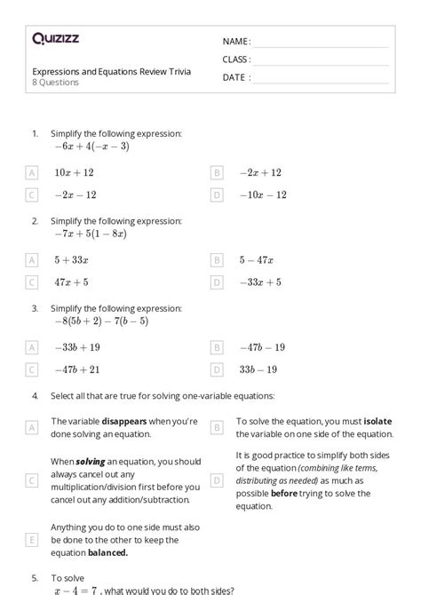 50 Understanding Expressions And Equations Worksheets For 8th Grade On Quizizz Free And Printable