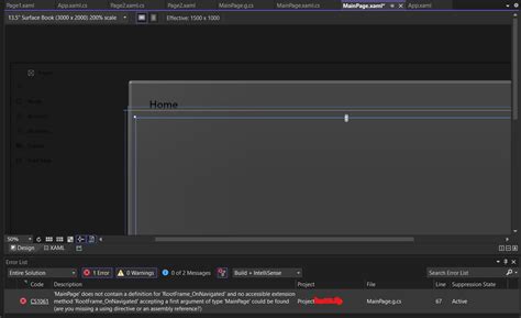 c app can t navigate to page1 mainpage does not contain a