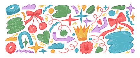 추상적인 스티커 모양 크레용 그려진 세트 순진한 멀티 컬러 낙서 그림이 흰색 배경에 있습니다 크라운 체리 하트 및 기하학적 형태가 요소를 스케치합니다 연필로 벡터 유치한