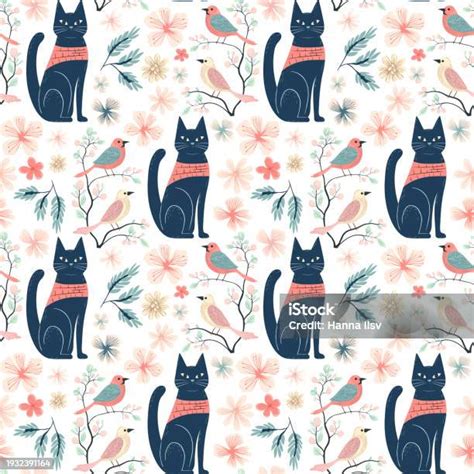 벡터 완벽 한 패턴 와 Cats 와 새 민속 스타일의 봄 배경입니다 꽃 벽지 계절에 대한 스톡 벡터 아트 및 기타 이미지 Istock