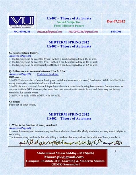 Cs402 â Theory Of Automata Dec 072012 Midterm Vuzs