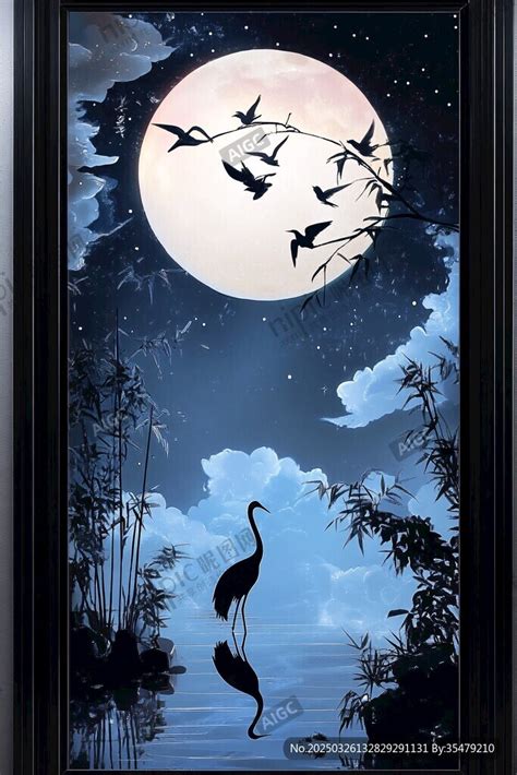 Ai创作图月夜 鹤 飞鸟 竹子 湖水 月亮 倒影 天空 云 夜景 自然 宁静 水墨 中式 诗意 昵图网