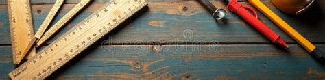 Rulers Protractor Compass And Triangle On Wood Surface Ruler Construction Scale Stock