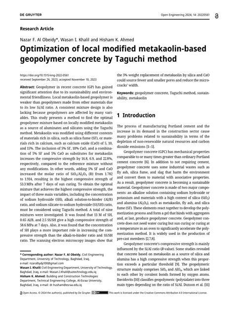 Pdf Optimization Of Local Modified Metakaolin Based Geopolymer