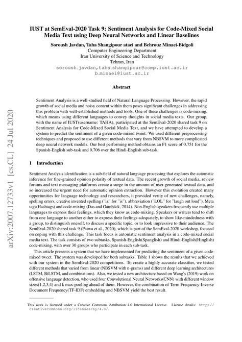 PDF IUST At SemEval Task Sentiment Analysis For Code Mixed Social Media Text Using